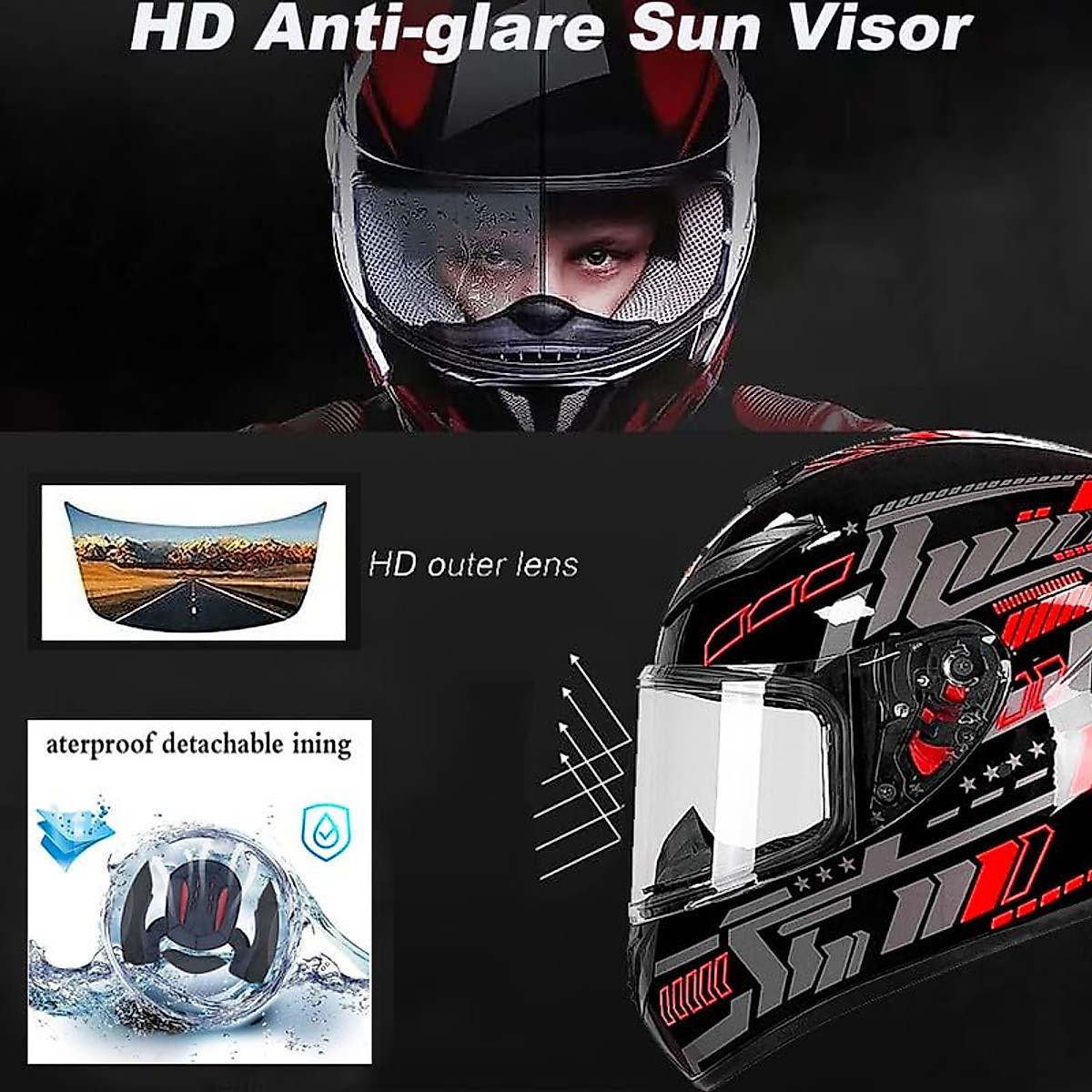 Motorcycle Bluetooth Full Face Helmet, Integrated Bluetooth Helmet, DOT/ECE Approved Full Face Flip Up Helmet, Multiple Vents Motorbike Helmet with Microphone for Adults 55-64CM