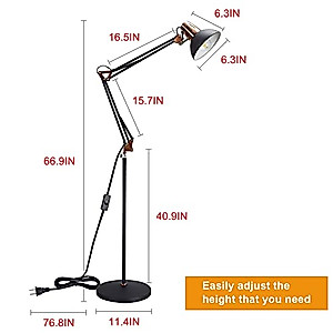 DLLT Modern Metal Floor Lamp, Flexible Swing Arms Reading Floor Lamp with Metal Shade, Adjustable Head Tall Industrial Standing Lamp for Living Room, Bedroom, Office, Study Room, E26(Matte Grey)