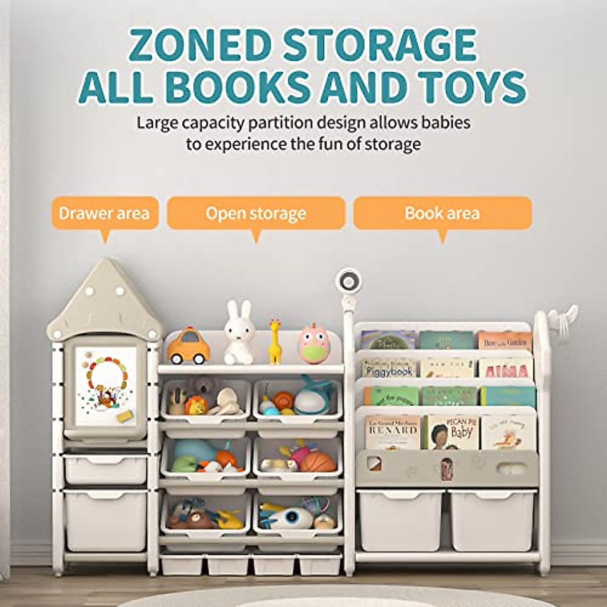UNICOO - Kids Toy Storage Organizer and Children Bookshelf, with 14 Bins, Pull-Out Drawers Multipurpose Shelf for Toddlers to Organize Toys and Books (Magic Castle – White)