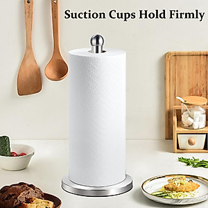 DAWNER Paper Towel Holder for Countertop, Easy One-Handed Tear, Stainless Steel, Weighted Base with Suction Cups, Non-Slip Paper Towel Stand for Kitchen, Bathroom, Brushed Nickel