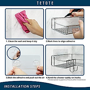 TETOTE Corner Shower Caddy,2-Pack Storage For Inside Shower Adhesive Shelf with Hooks,SUS304 Rustproof No drill Organizer Suction cups for Bathroom Stick On Shelves