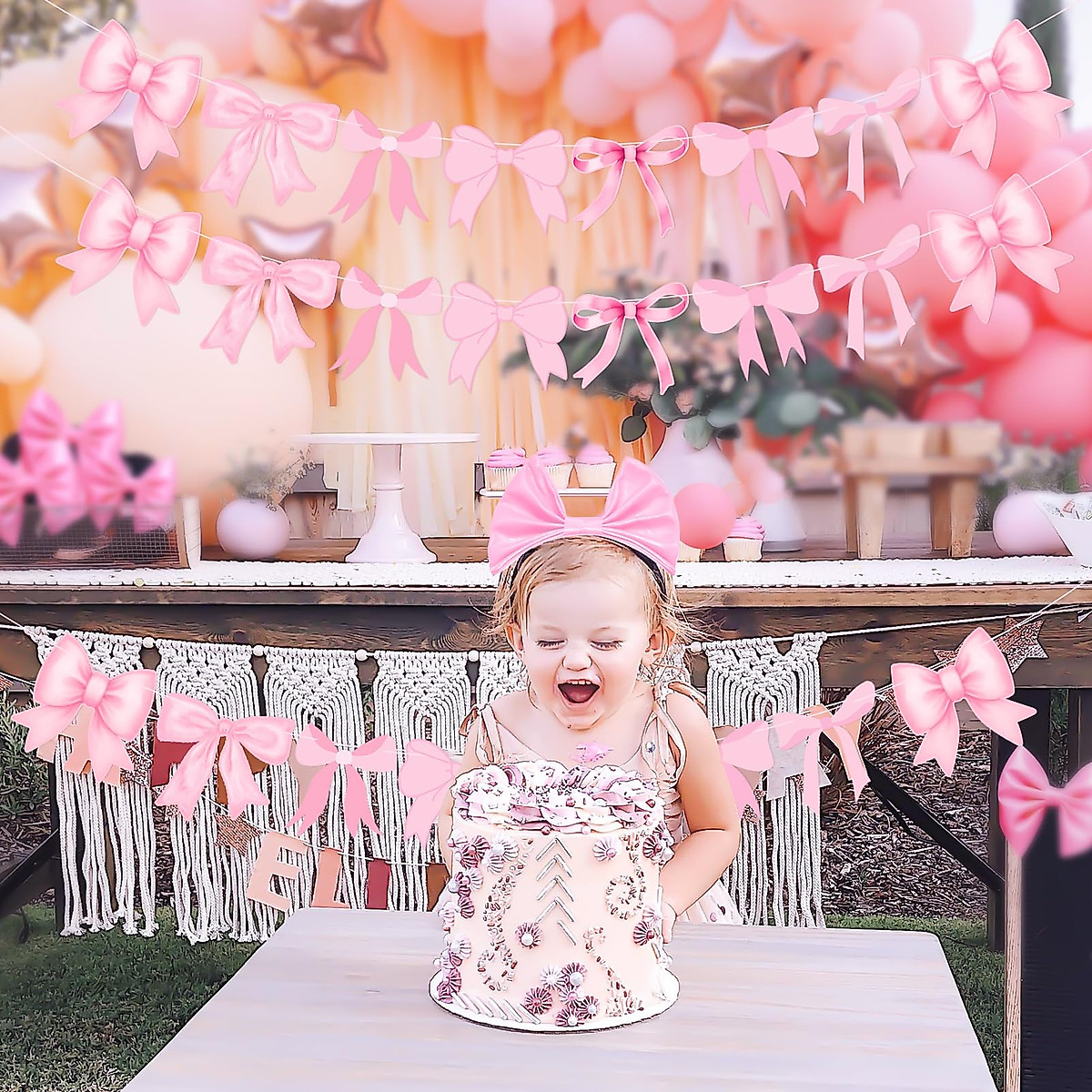 4Pcs Pink Bow Garland Banner, Pre Strung Pink Bow Banner Bow Party Decortions for Girls Bow Birthday Baby Shower Decorations, Coquette Birthday Party Coquette Bridal Shower, Bow Party Decor