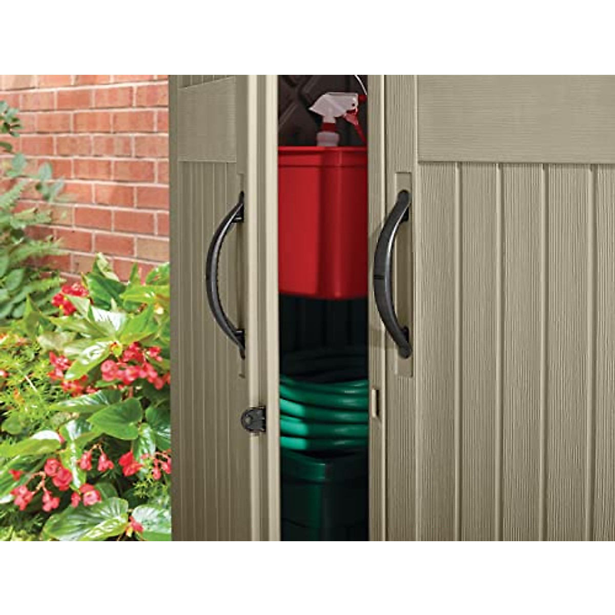 Rubbermaid Outdoor Small Vertical Resin Storage Shed, 5x2 Feet, Brown, Weather Resistant Utility Shed with Lock for Storage for Lawn Accessories/Power Tools/Outdoor Toys/Hose