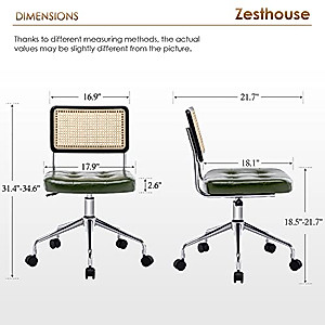 Zesthouse Mid Century Home Office Chair Leather Desk Chair with Rattan Back, Vanity Chair for Girl Women, Upholstered Tufted Swivel Chair for Bedroom Living Room,Height Adjustable Computer Task Chair