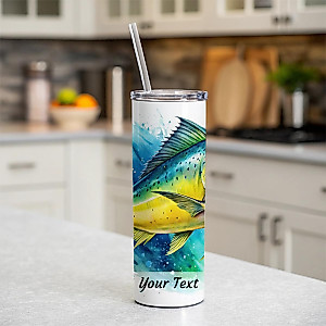Personalized Custom Name Text Mahi Mahi Fish Watercolor Skinny Tumbler 20oz with Straw Insulated Water Bottle Gift - 1 Line Horizontal