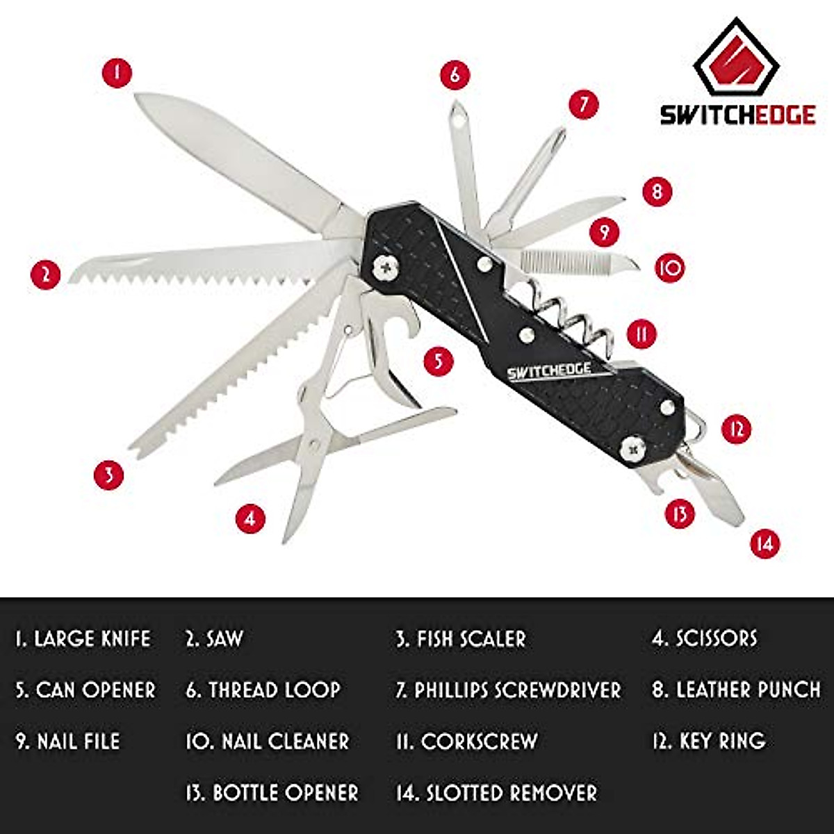 SWITCHEDGE 14 Tools in One Black Pocket Knife