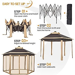Yaheetech 13′ × 13′ Pop-Up Patio Gazebo Tent W/Mesh Netting Sides & 25 Solar LED Lights, Hexagonal Double Vented 3 Height Adjustable Gazebo with Storage Bag for Backyard, Garden, Lawn, Khaki & Brown