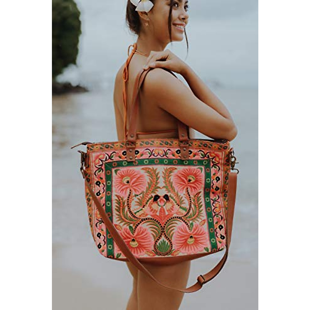 changnoi Embroidered Tote Bag with Adjustable Leather Crossbody Strap