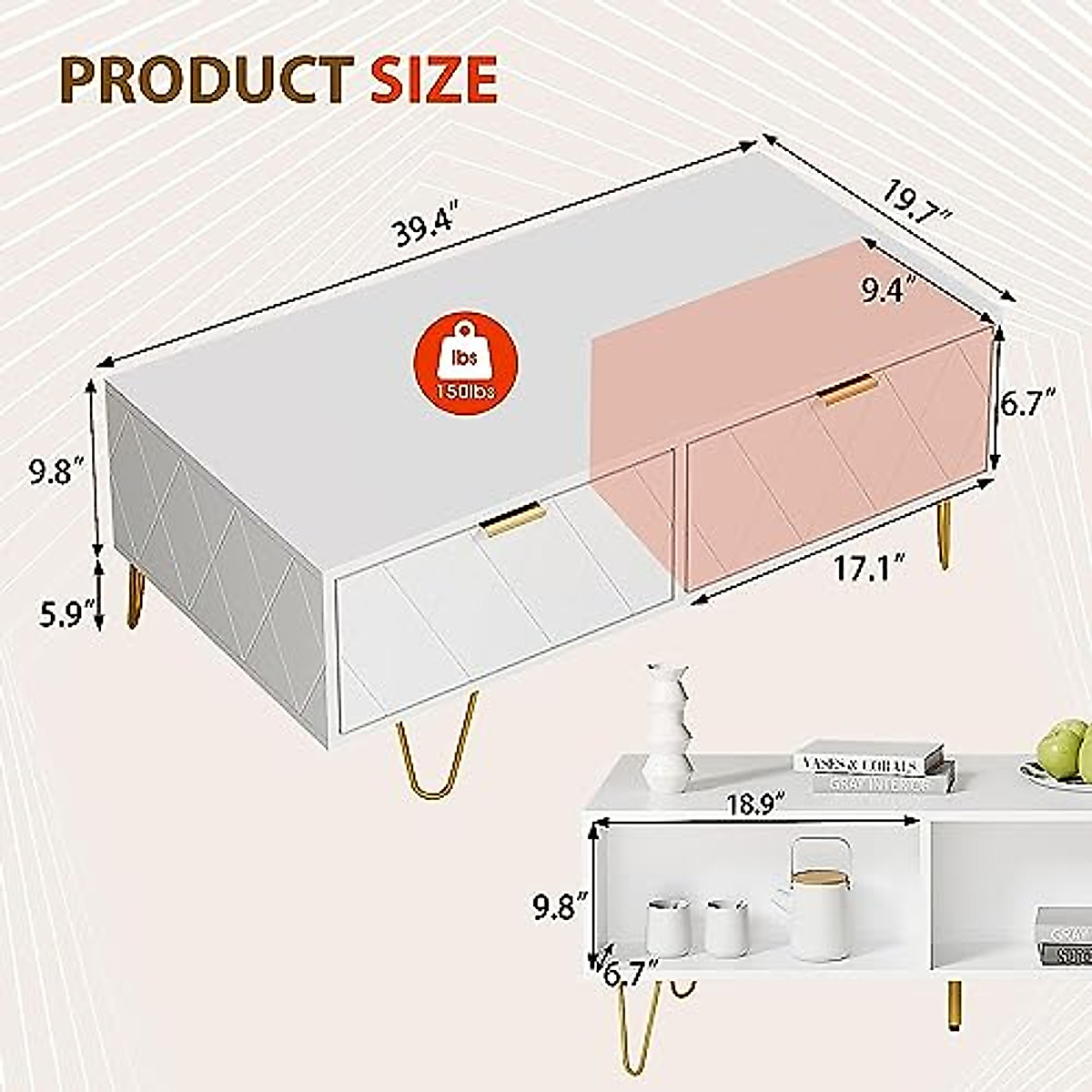 Scurrty 39.4'' Coffee Table with Large Drawers & 2 Open Storage Shelves, White Modern Coffee Tables with Gold Metal Handles for Living Room, Bedroom and Study (White)