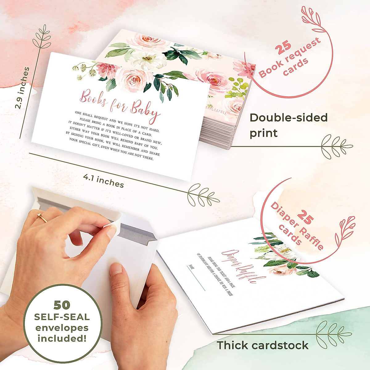 Set of 25 Pink Boho Baby Shower Invitations for Girl - Floral Girl Baby Shower Invitations with Envelopes, Book Request Cards & Diaper Raffle Tickets - Baby Shower Thank You Cards Included