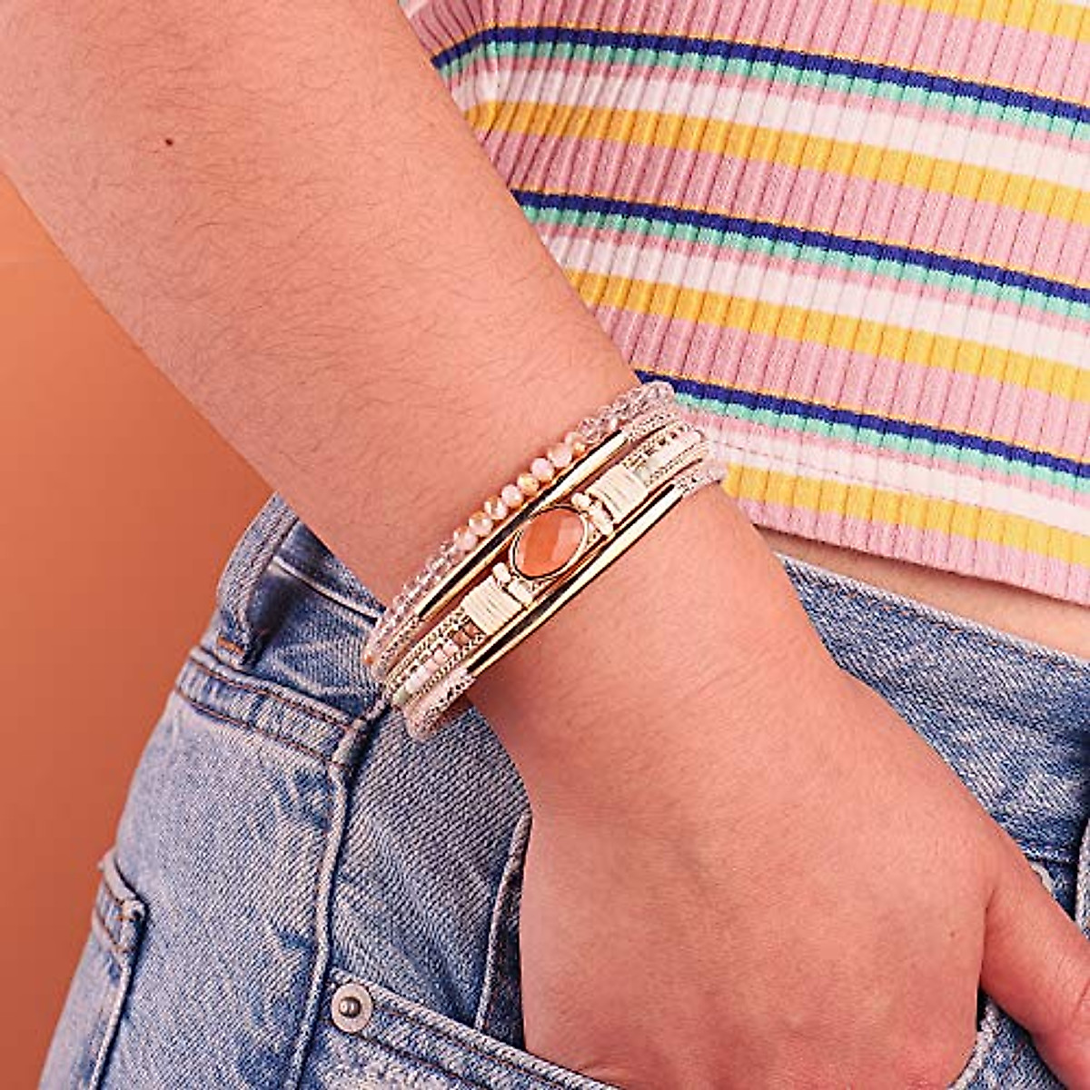 FANCY SHINY Leather Wrap Bracelets Crystal Beads Bracelet Boho Cuff Stone Charm Bracelets with Clasp Costume Jewelry for Women(Beige)