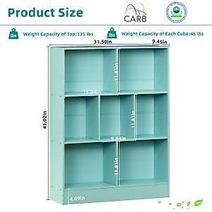 LEYAOYAO 7 Cube Bookshelf with Base,3 Tier Modern Mint-Green Kids Bookcase,Standing Wide Bookshelves Storage Organizer Toy Shelf,Wood Display Children's Book Shelves for Bedroom,Living Room,Nursery