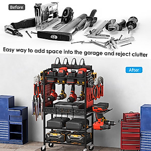 CCCEI Power Tool Organizer Cart with Charging Station, Garage Floor Rolling Storage Cart on Wheels for Mechanic, Mobile 6 Drill, Tool Box Utility Cart with Battery Charging Power Strip, Red.