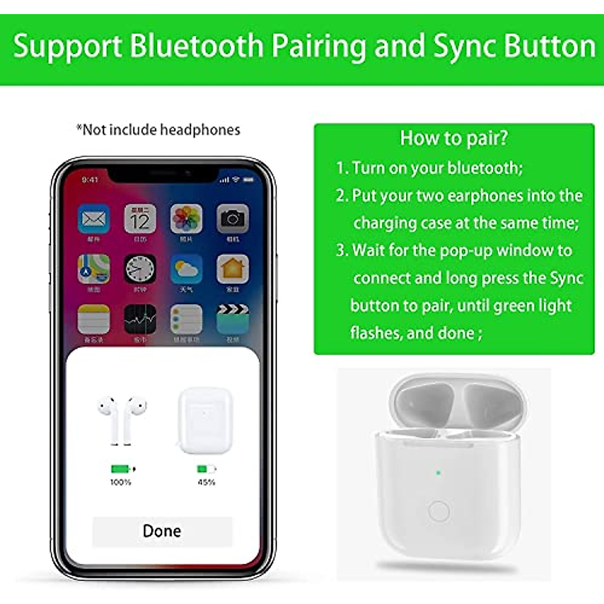 Wireless Charging Case Replacement Compatible with Airpods 1st & 2nd Generation, Charger Cases with Quick-Pairing Sync Button Only for Airpods 1 2 Gen, NO Earbuds, White