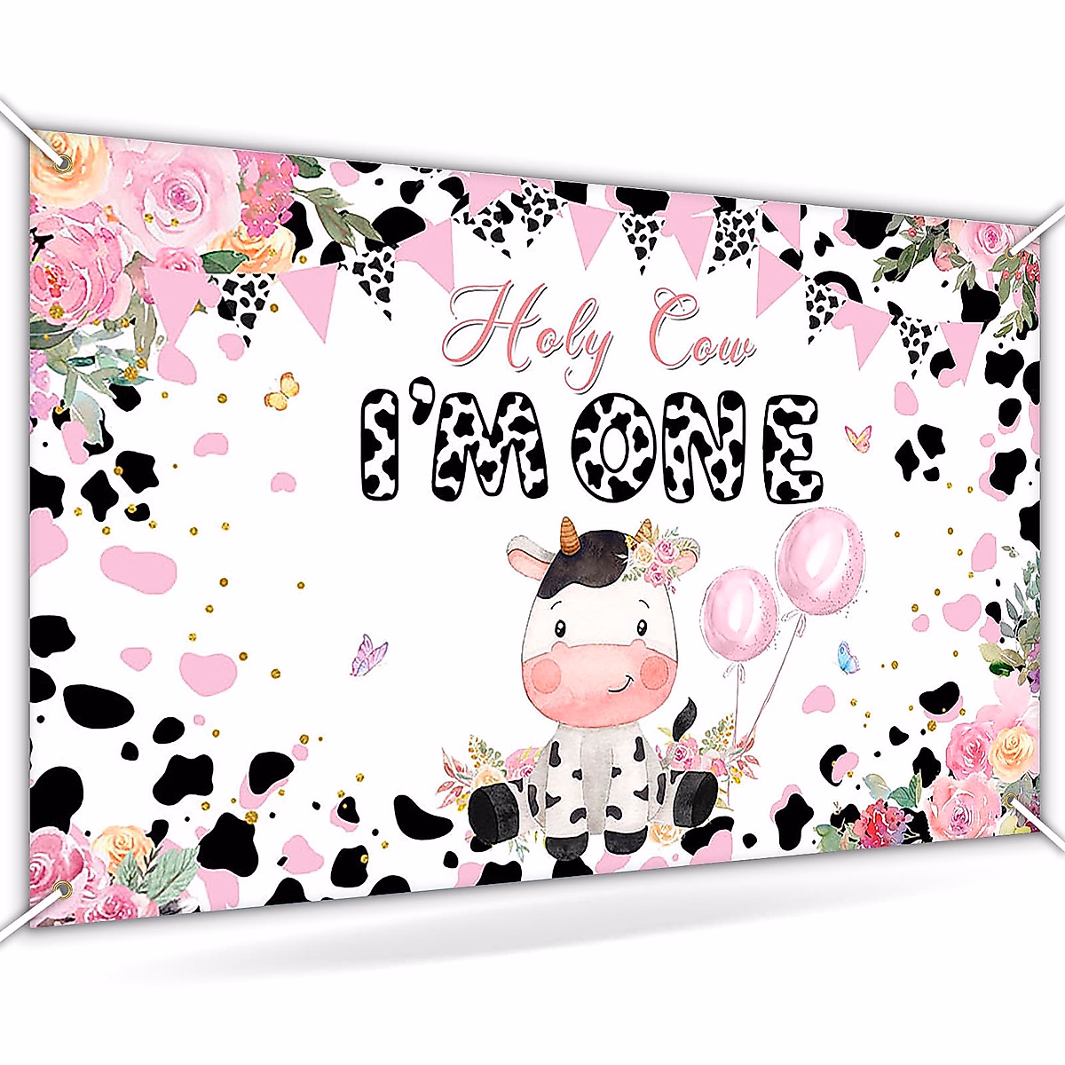 Avezano Holy Cow I'm One 1st Birthday Backdrop for Girls Pink Pink Flower Milk Cows 1st Birthday Party Decorations Holy Cow I'm One Banner Large 70.8 x 43.3 Inch