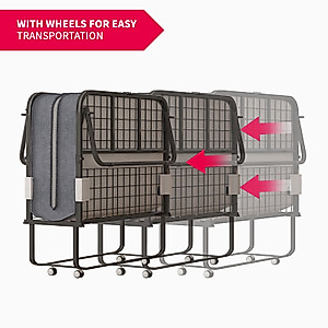MUZZ Rollaway Bed with 5" Memory Foam Mattress, Portable Foldable Bed with 4 Lockable Wheels, Folding Guest Bed for Adults with Study Metal Frame for Living Room,Guest Room (75" x 51")
