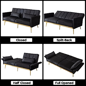 DANNRATCH 2 Pieces Velvet Sofa Set Convertible Sleeper Sofa Tufted Couch Bed with Adjustable Armrests and Backrest, Modern Loveseat Sleeper Bed with 2 Bolster Pillows for Living Room, Bedroom, Black