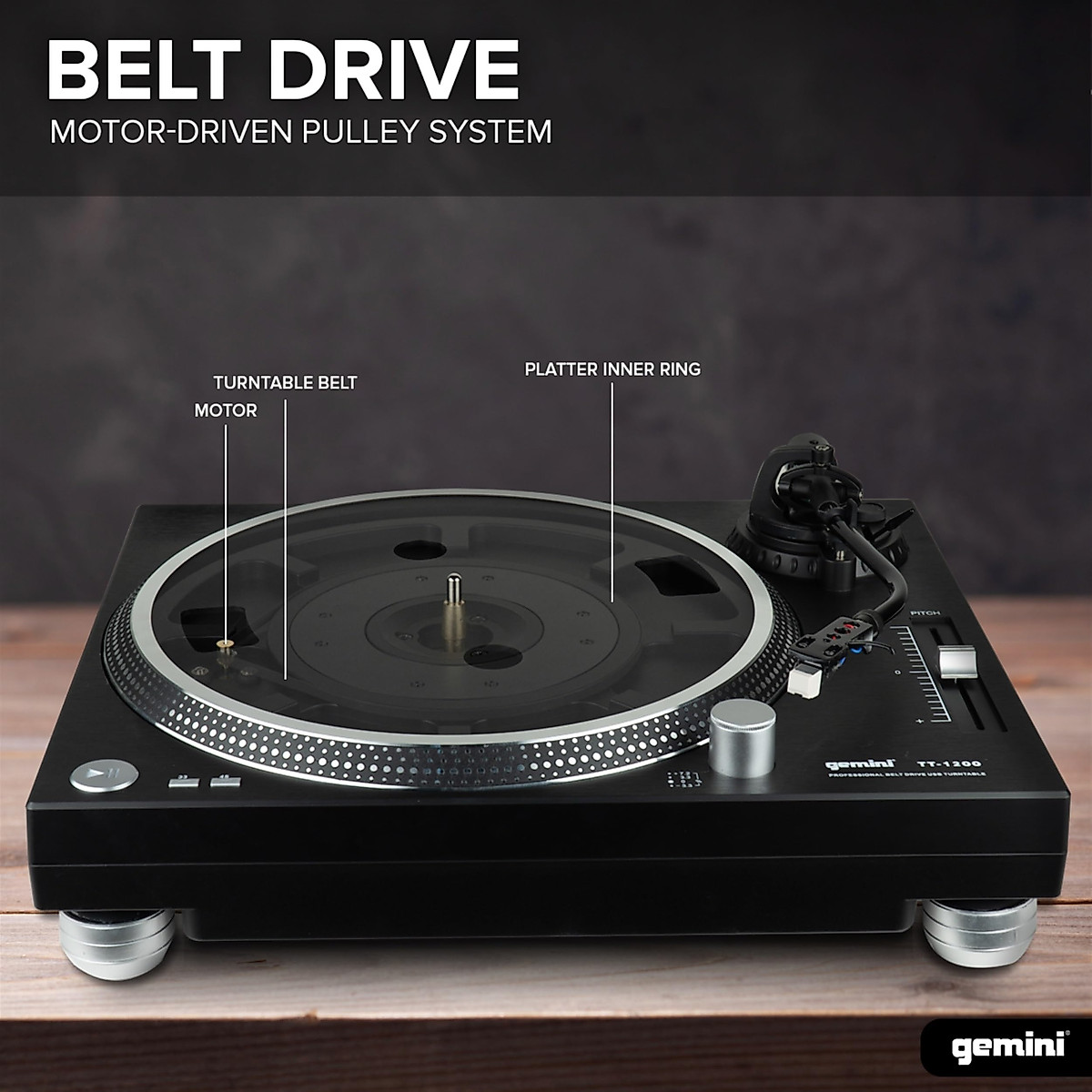 Gemini Sound 2 Speed Belt Drive Vinyl Record Player DJ Turn Table for Home Stereo with USB Interface and Audacity Software Included