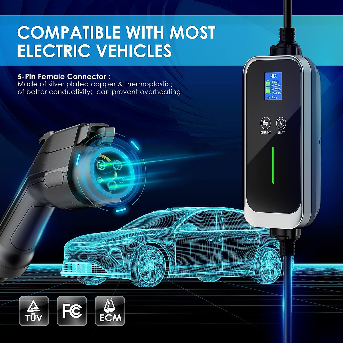 Evjuicion Level 2 EV Charger, 40Amp 240V Portable Electric Vehicle Charger 25Ft Cable NEMA 14-50 Plug for J1772 Electric Car Home Charging Station, Delay Timer