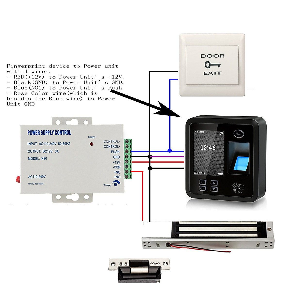 Biometric Fingerprint Security Access Control Systems with 600lbs Magnetic Lock,Exit Motion Sensor,Metal Exit Button with Base,110V-240V Power Supply Unit,Wired Doorbell,RFID Cards & RFID Key Fobs