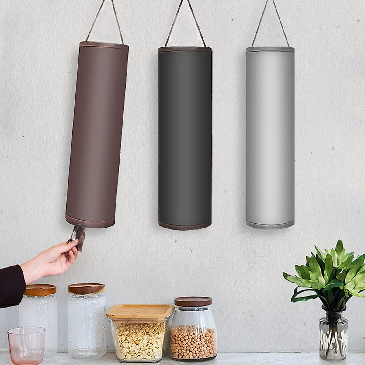 3 Pieces Plastic Bag Holder Folding Hanging Storage Grocery Bag Plastic Bag Holder Dispensers Trash Bags Holder Organizer (B-Black)