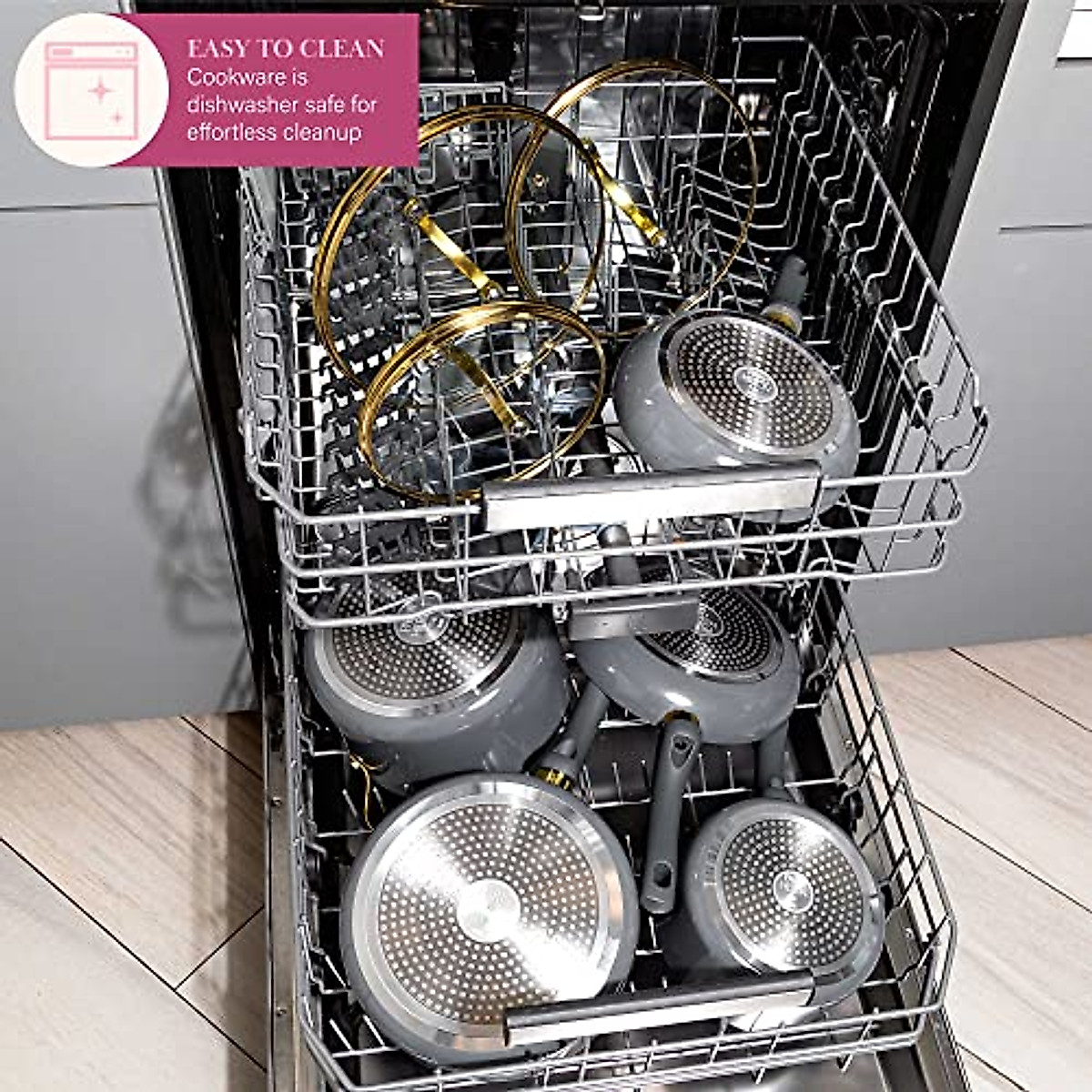 Paris Hilton Epic Nonstick Pots and Pans Set, Multi-layer Nonstick Coating, Tempered Glass Lids, Soft Touch, Stay Cool Handles, Made without PFOA, Dishwasher Safe Cookware Set, 12-Piece, Charcoal Gray