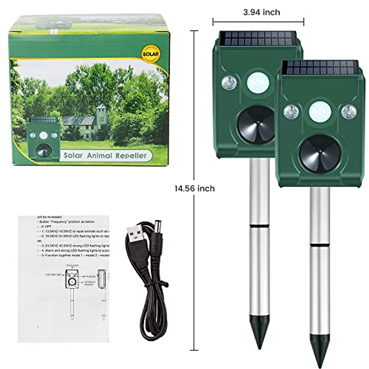 FAYINWBO Latest in 2022 Outdoor Ultrasonic Animal Repeller. Solar Animal Repellent.with Flashing LED Lights, Siren Expelled Cats, Dogs, Rac Green