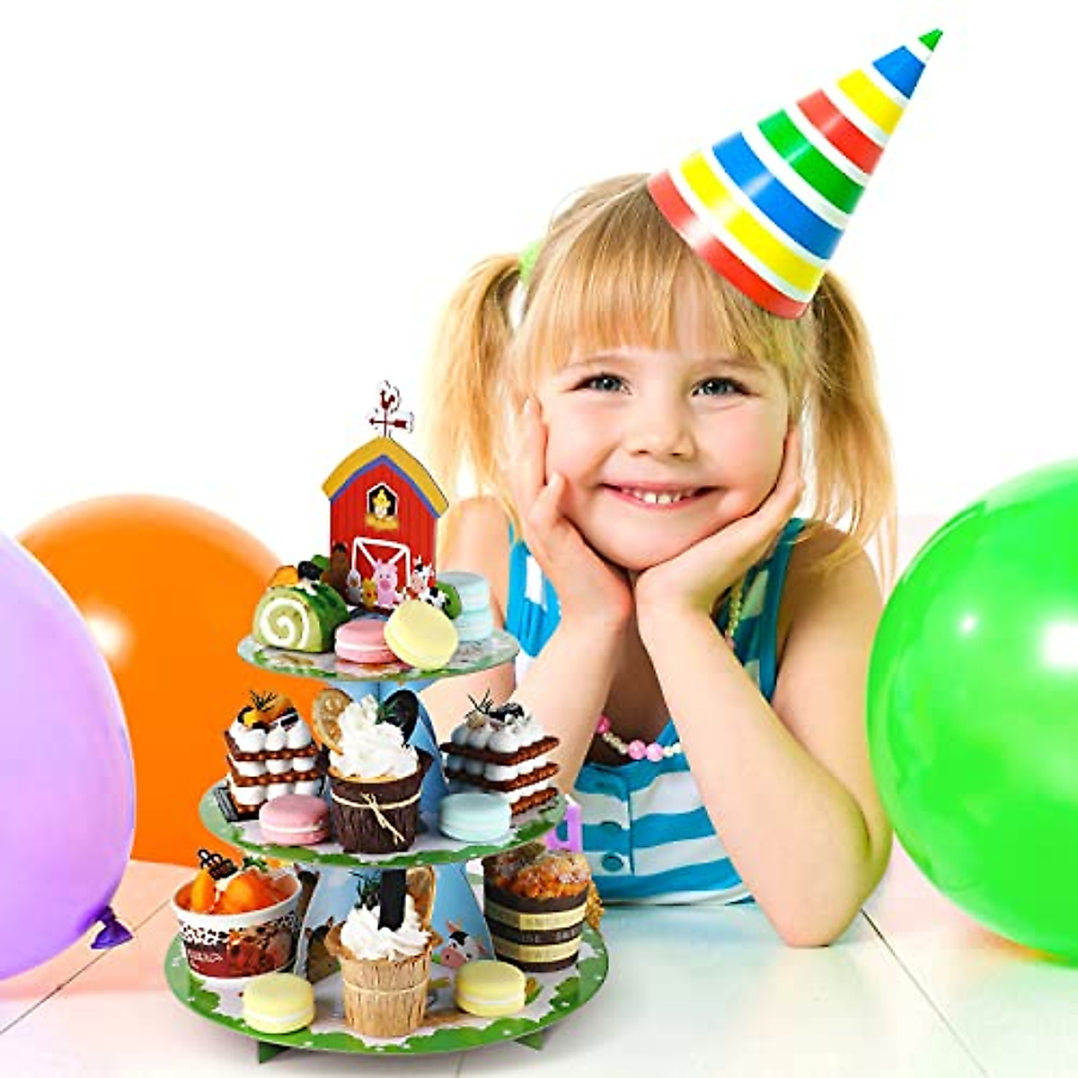 3 Tier Farm Animals Cupcake Stand Holder Farm Theme Birthday Party Supplies Spring Cupcake Tower Cardboard Display Decorations Rustic Dessert Cake Stand for Boy Girl Kids Baby Shower