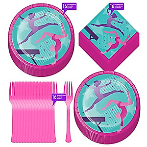 Gymnastics Party Supplies - Girl Gymnast Paper Dinner Plates, Napkins, and Forks (Serves 16)