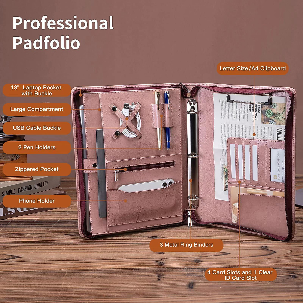 Geslun Vegan Leather Portfolio 3 Ring Binder with Clipboard, Hidden Handle, 8.5 x 11 Zippered Padfolio, Business Organizer Professional Executive Folio for Women, Pink