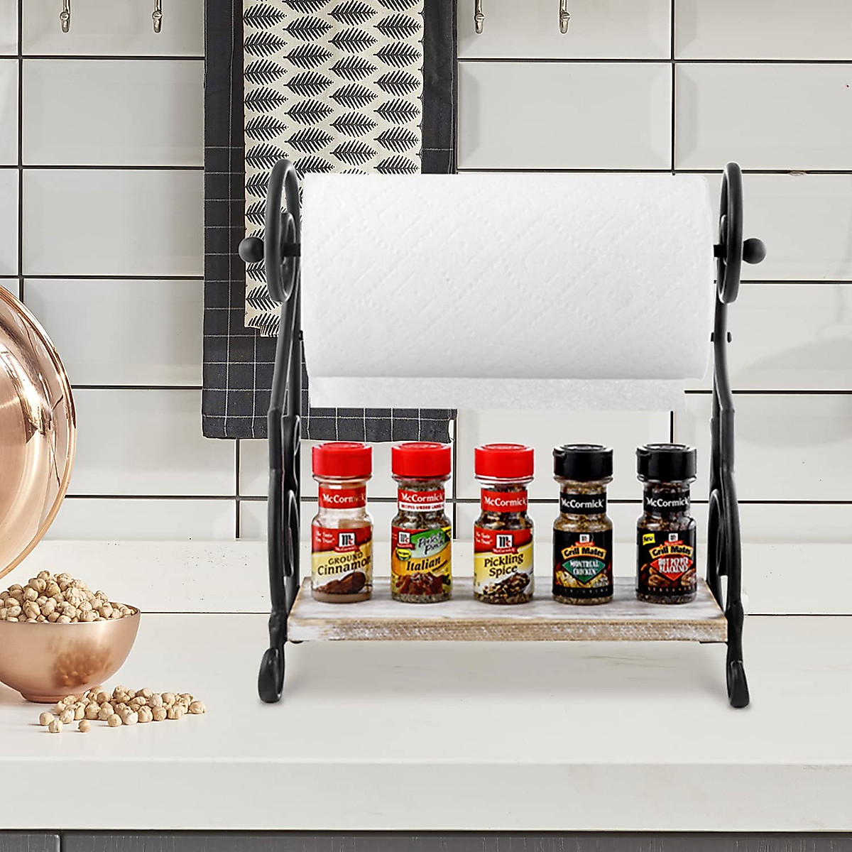 MyGift Black Metal Countertop Paper Towel Holder with Decorative Scrollwork Design and Whitewashed Wood Condiment Rack Storage Display Shelf