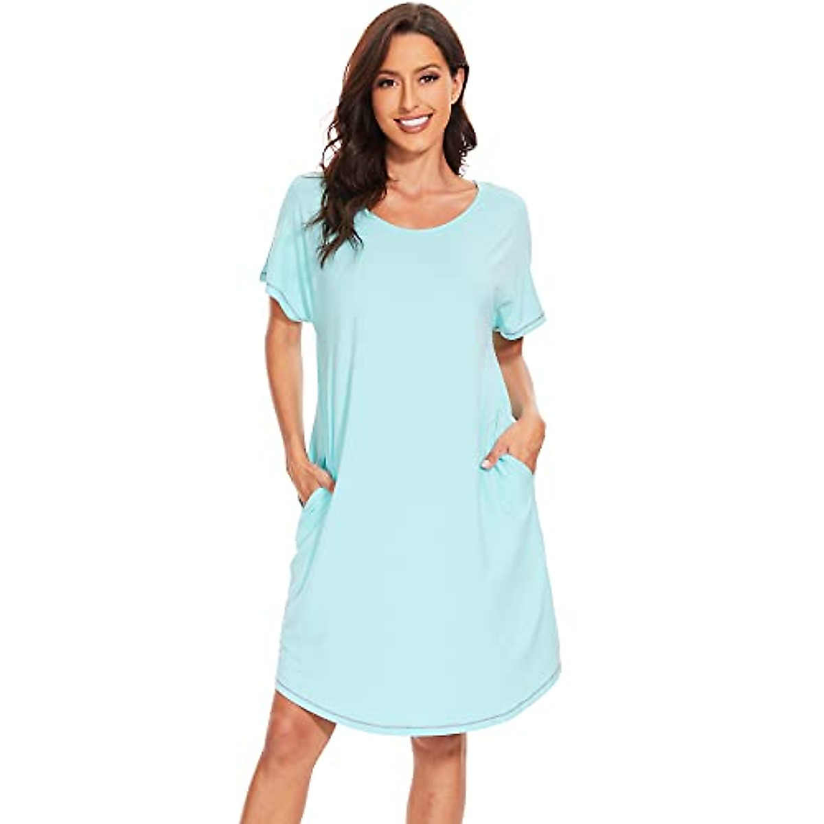 WiWi Bamboo Nightgowns for Women Soft Short Sleeve Night Gowns Summer Sleep Shirt Sleepwear Dress with Pockets S-XXL, Aqua, Small