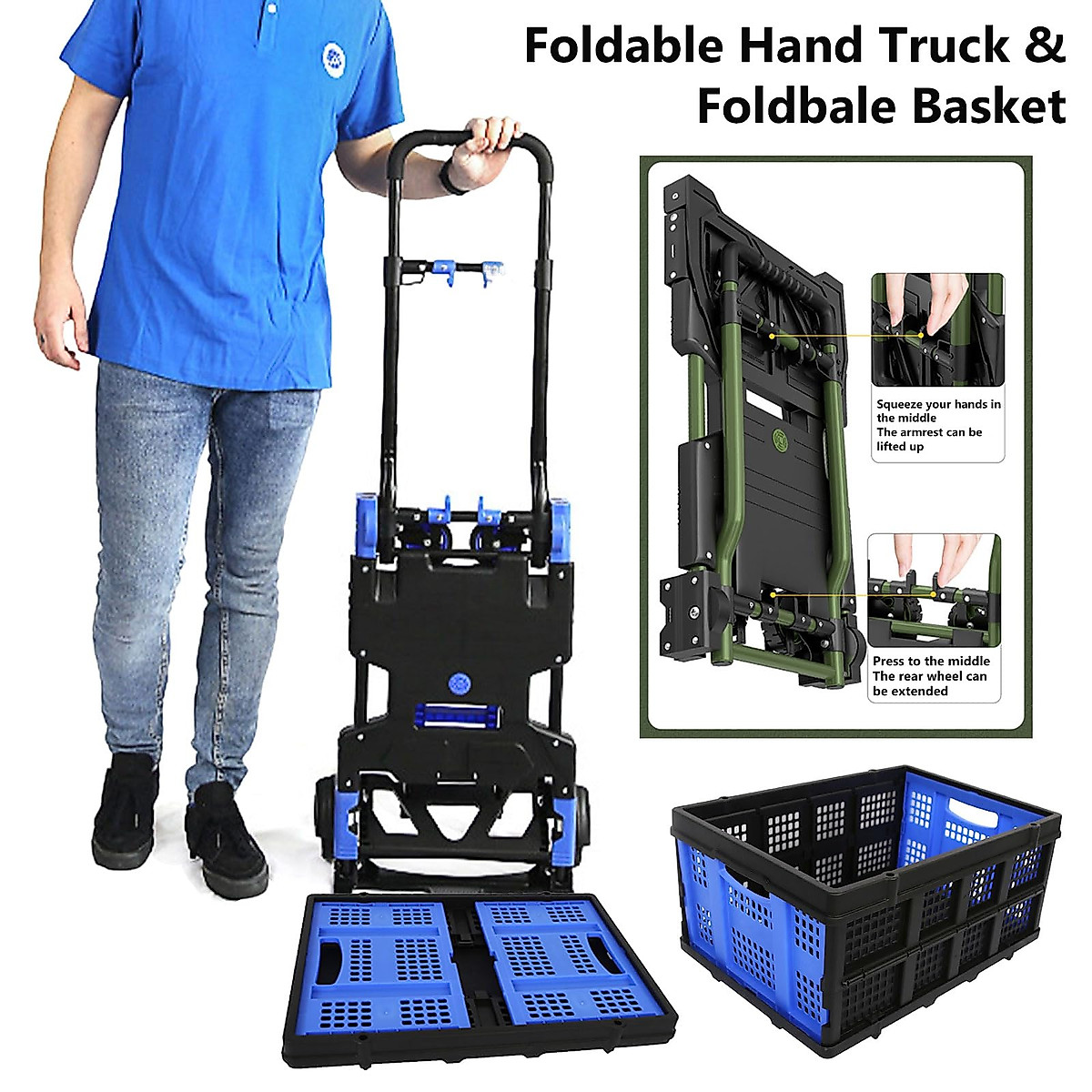 Folding Hand Truck and Dolly Cart Heavy Duty 330lb Load Carrying Portable 2 in 1 Convertible Hand Truck with 4 Rubber Wheels 2 Bungee Cords for Traveling,Office Use,Travel (Hand Truck with Basket)