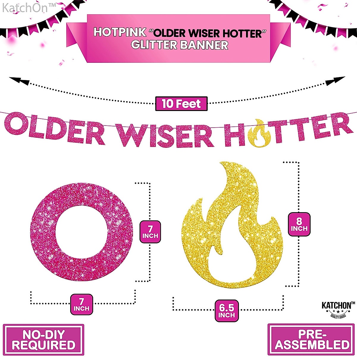 KatchOn, Glitter Older Wiser Hotter Banner - No DIY, 10 Feet | Pink Birthday Banner for Birthday Decorations Adult Women | Older Wiser Hotter Birthday Banner for Pink Funny Birthday Decorations