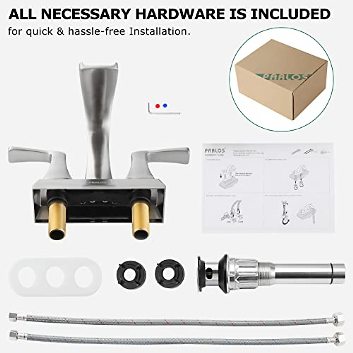 PARLOS 2 Handles Waterfall Bathroom Faucet with Pop-up Drain and Faucet Supply Lines, Brushed Nickel, Doris 14068