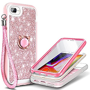NGB Supremacy Case for iPhone 8 Plus, iPhone 7 Plus /6 Plus /6S Plus, Full Body Protection [Built-in Screen Protector] Ring Holder/Wrist Strap, Slim Fit Shockproof Bumper Case (Glitter Rose Gold)