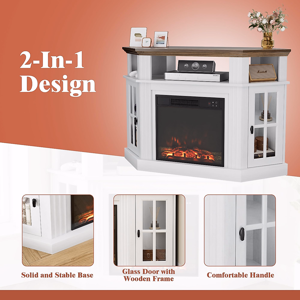 Furmax Fireplace Corner TV Stand for TV Up to 55 Inch, Modern TV Console with 18 Inch Electric Fireplace, Entertainment Center with Open Shelf and Storage Cabinets for Living Room, Antique White