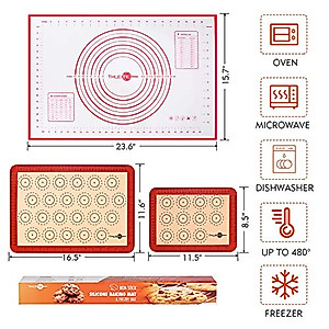 THLEITE Non Stick Silicone Baking Mat - Macaron Silicone Baking Mat & Pastry Mat with Measurement (5-Piece Set), 2 Half Sheet + 2 Quarter Sheet + 1 Pastry Mat - Macaroon/Pastry/Pizza/Cookie Making
