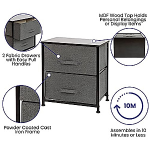 Flash Furniture 2 Drawer Storage Organizer - Black Cast Iron Frame and Wood Top - 2 Easy Pull Dark Gray Fabric Drawers