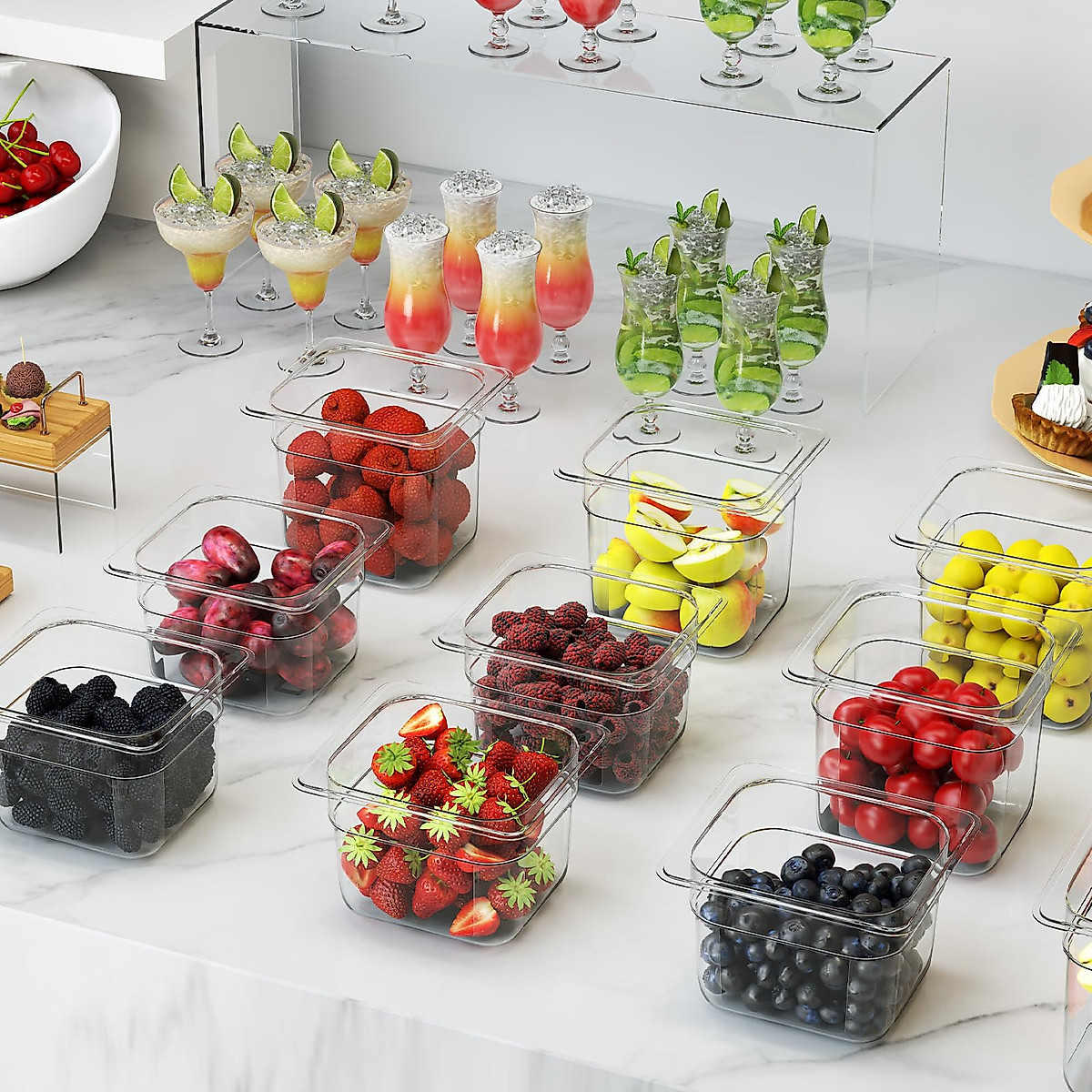 HNEDSEN 6 Pack Plastic Food Pan with Lid 1/6 Size 2.5 Inch Deep Restaurant Clear Food Storage Containers Polycarbonate Commercial Hotel Pans for Fruits Vegetables Beans Corns (12 PCS, 2.5'' Deep)