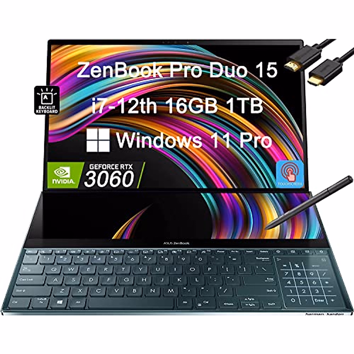 ASUS ZenBook Pro Duo 15 UX582 15.6" FHD OLED Touchscreen (Intel 14-Core i7-12700H, 16GB DDR5 RAM, 1TB SSD, GeForce RTX 3060 6GB) Business Laptop, ScreenPad Plus, Backlit, IST HDMI, Stylus, Win 11 Pro