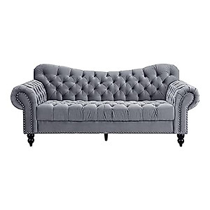Pemberly Row 84" Velvet Roll Arm Sofa with Tufted Nailhead Upholstery, 3 Seater Fabric Couch Furniture for Home Living Room, Dark Gray