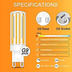 BROLSKUN G9 LED Light Bulbs 8W, Warm White Light, 60W - 80W Halogen Equivalent, Dimmable G9 Bi-Pin Base for Chandelier Lights Bulb Foyer Lights Ceiling Light Bulb (3 Pack)