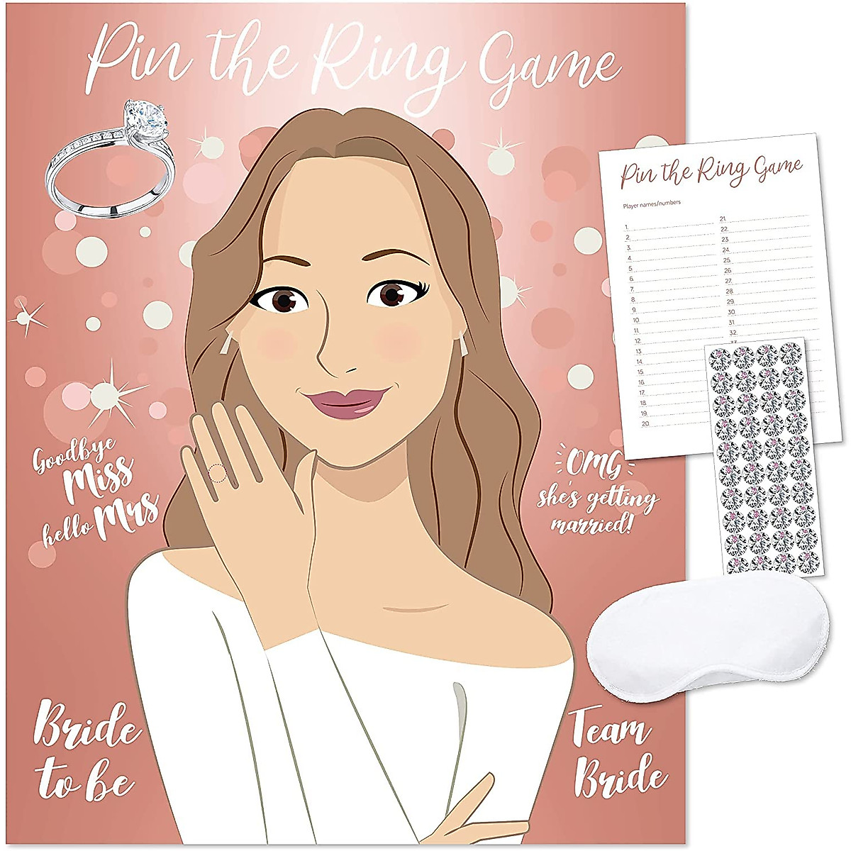 Pin The Ring On The Bride - Perfect Bridal Shower Bachelorette Party Night Game - Includes 40 Stickers