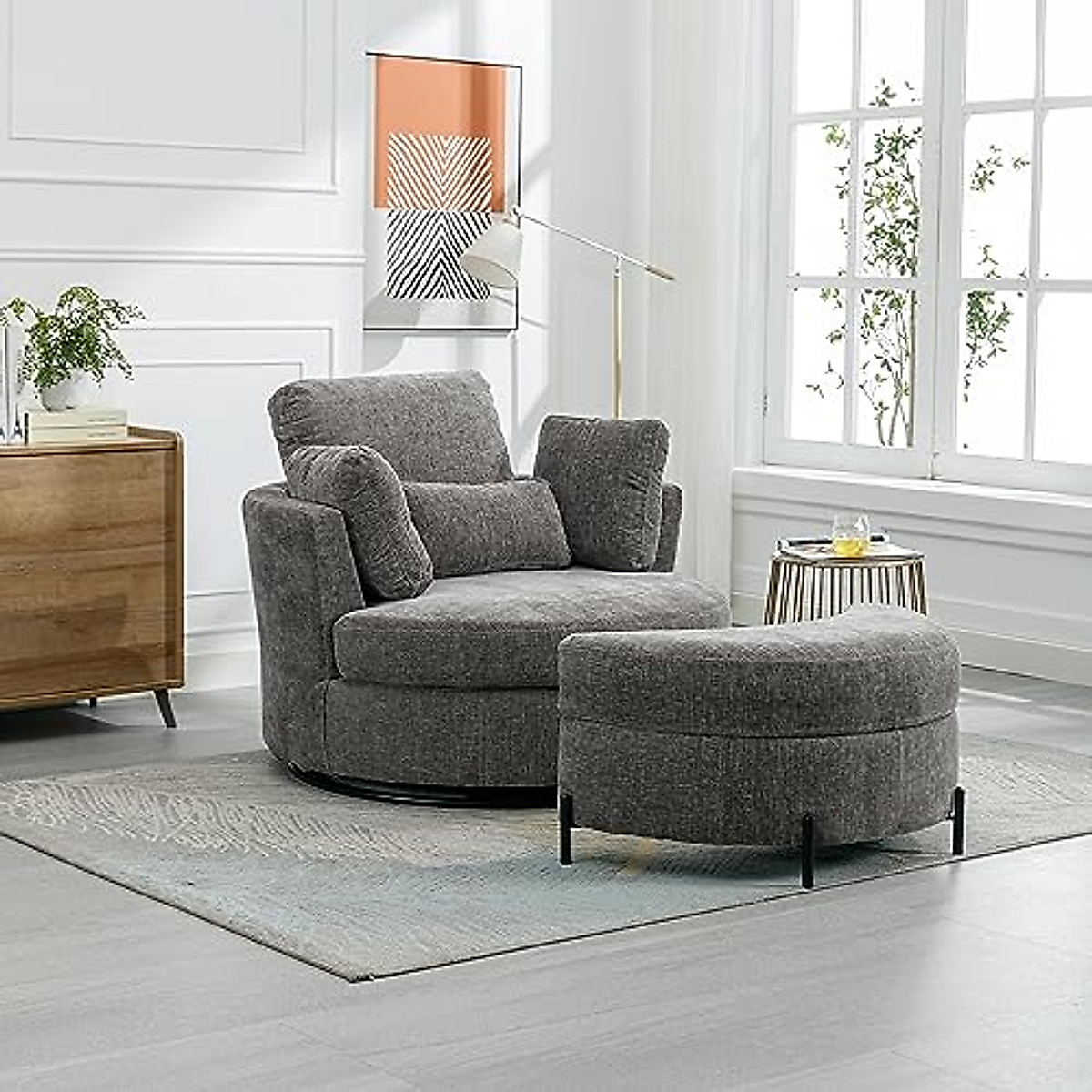 360° Swivel Accent Barrel Chair and Half Crescent Moon Storage Bench Large Ottoman with 4 Pillows,Upholstered Oversized Leisure Round Loveseat Recliner Sofa Chaise Lounge Circle Armchair for Club