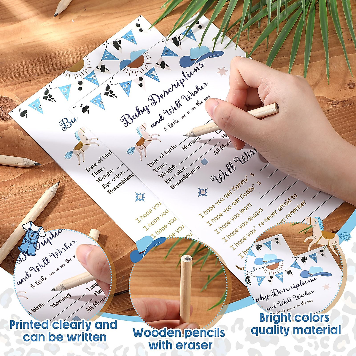 145 Pcs Baby Shower Games for Boy or Girl 5 Game Activities Card with 20 Pencils Include Baby Shower Bingo, Guess Who, Description and Well Wishes, Word Scramble Game (Cowboy Style)