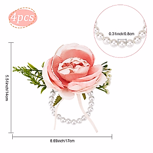 CRASPIRE 4pcs Wedding Wrist Corsage Pink Rose Corsage Wristlet Women Bride Bridesmaid Pearl Hand Flower Wristlet Band Bracelet for Wedding Party Prom Suit Festival Engagement Decorations