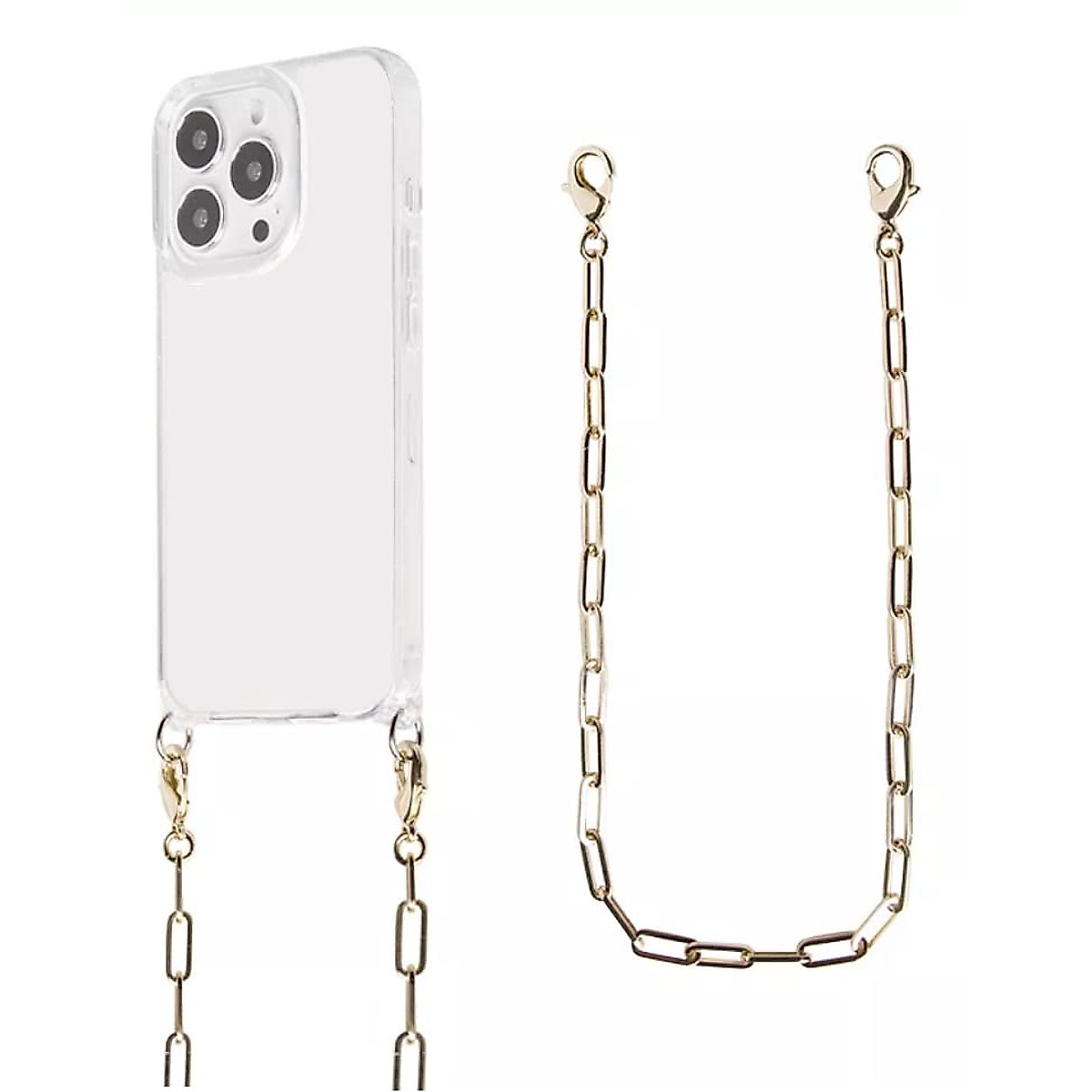 Luna Lucia Gold Wristlet Cell Phone Holder, Lanyard, Bracelet, Tether, Chain, Strap or Around the Wrist Holder | Like Emily in Paris | With Clear iPhone 13 Phone Case | Great Gift