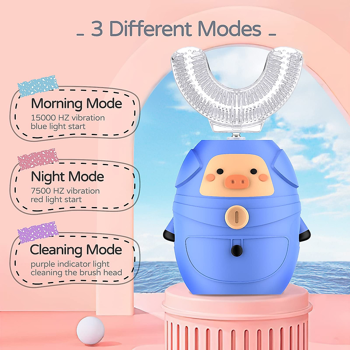 ZZCC Ultrasonic Kids Electric Toothbrush, New U Shape Kid Type Whitening IPX7 Waterproof, 3 Gear Speed, 3-12 Years(Blue-Mini Pig)