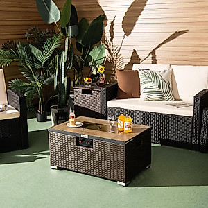 Tangkula 2 Piece Outdoor Propane Fire Pit Table Set with Hideaway Propane Tank Holder, Patiojoy 40,000 BTU Rattan Wicker Fire Pit Table with Lava Rocks, Waterproof Cover, Ideal for Backyard, Patio